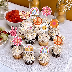 36 PCS Hippie Party Cupcake Toppers Peace Sign Hand Butterfly Two Groovy Cupcake Picks Dasiy Flower Bus 60s Retro Boho Cake Decorations for Hippie Two Groovy Carnival Theme 2nd Birthday Party Supplies