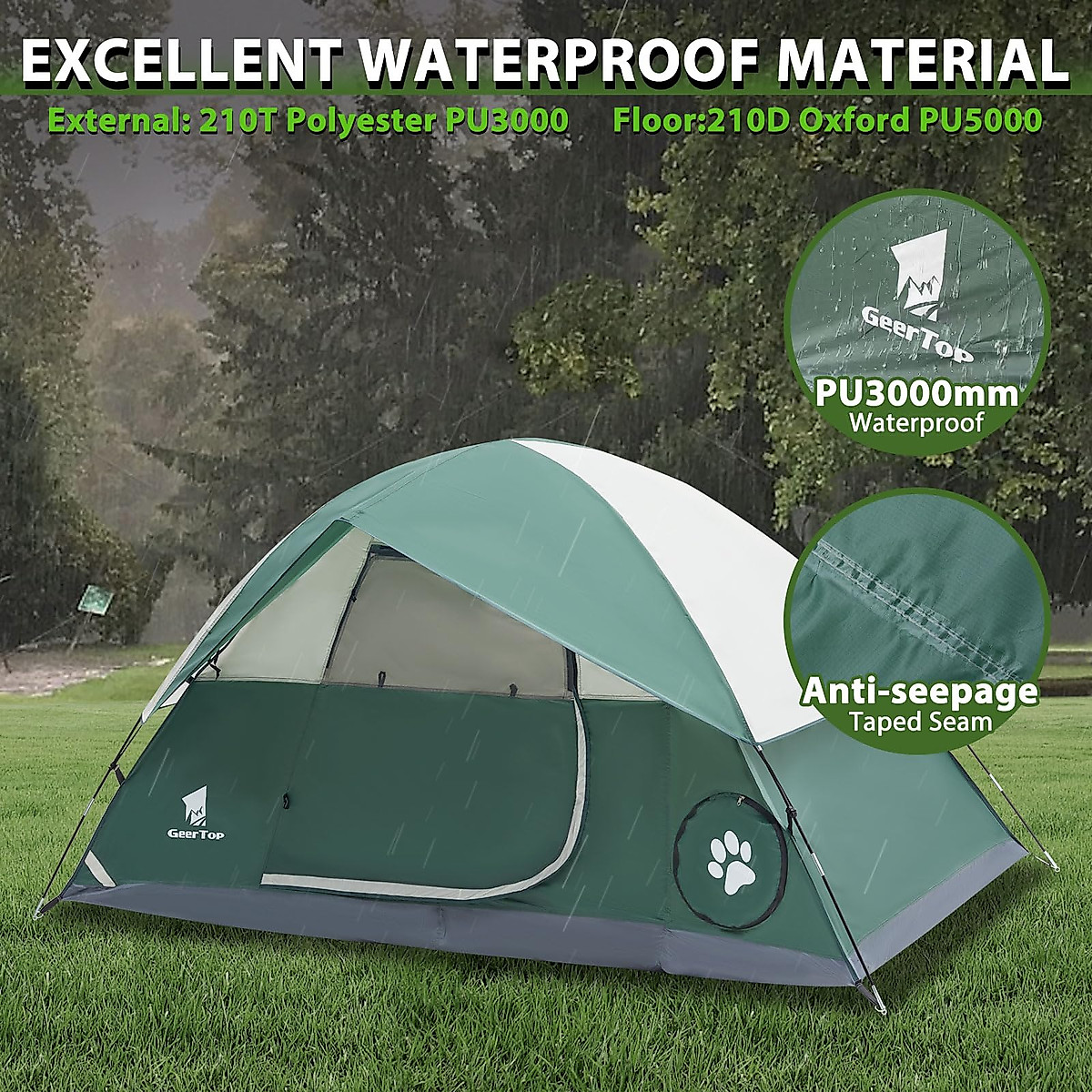 GEERTOP 2 Person Camping Tent with Dog Room Gear Storage Compartment, Lightweight 3 Season Backpacking Tent 2 Room Mesh Divider for Camp Hiking Outdoor Travel with Pet