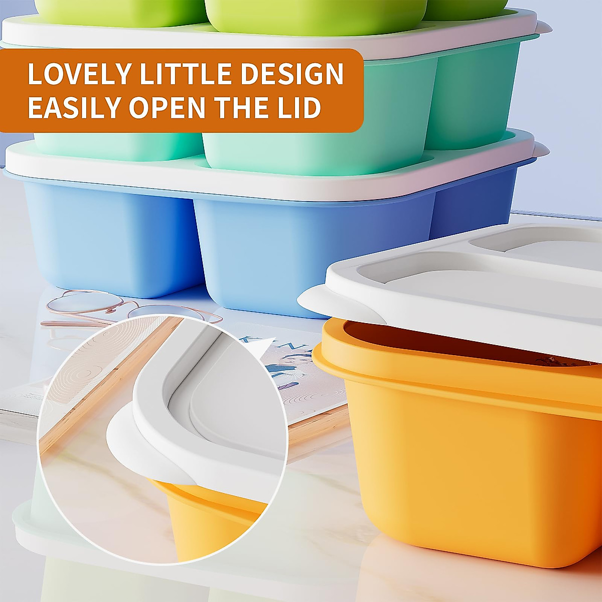 KEMETHY 6 Pcs Bento Snack Containers, Reusable 4 Compartment Food Storage Container with Lids, Divided Lunchable Container, Freezer, Microwave & Dishwasher Safe (6 Color)