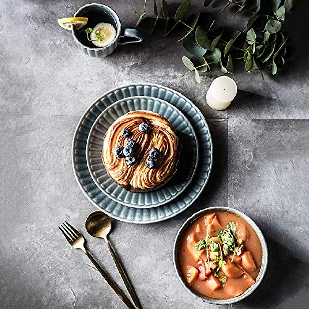 GagalU Dinner Set,Porcelain Dinnerware Sets, Retro Style Three-Dimensional Relief Cereals Bowls and Steak Plates Sets | 22 Pieces Ceramics Dinner Combination Set with Mug