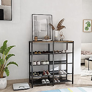 Lamerge Shoe Rack Storage Organizer, 5-Tier Shoe Storage Shelf for 16 Pairs,Stackable Shoe Shelf with 4 Metal Mesh Shelves /wood tabletop,for Entryway, Hallway, Closet, Dorm Room,Rustic Brown