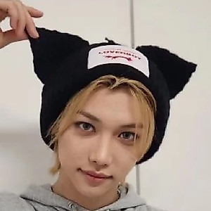 Kpop Stray Kids Beanie Hat Cat Ear Hat Hyunjin Felix Bangchan Hat Knitted Caps SKZ Headwear (cat Ear Beanie hat-Black)