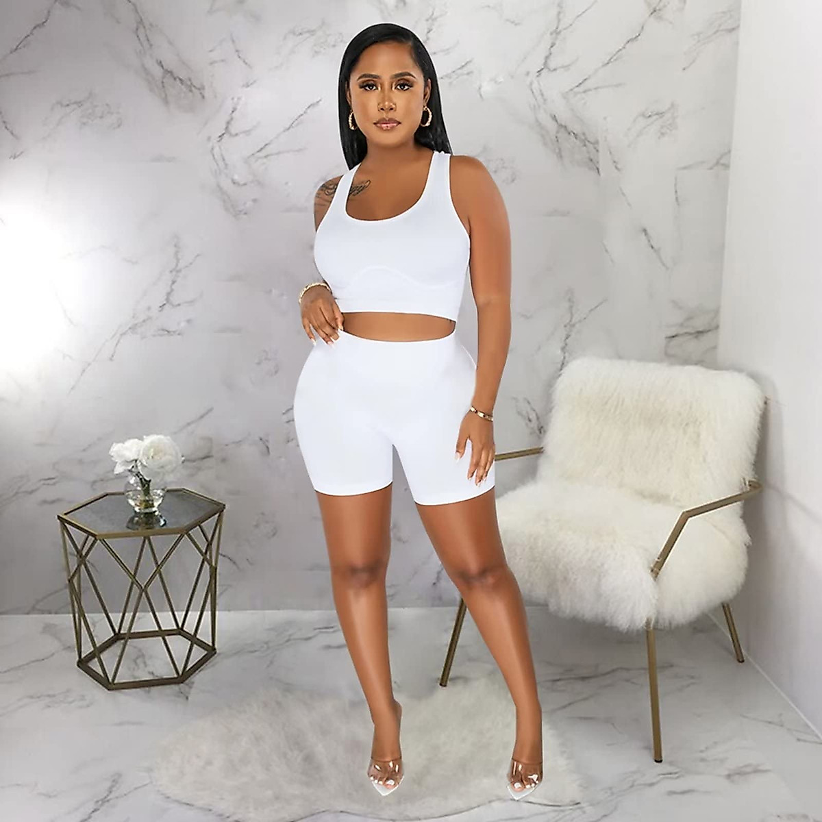 Adogirl Women Workout Set Ribbed 2 Piece Outfits Athletic Gym Sport Yoga Running U Neck Crop Racerback Tank Tops Shorts White XL