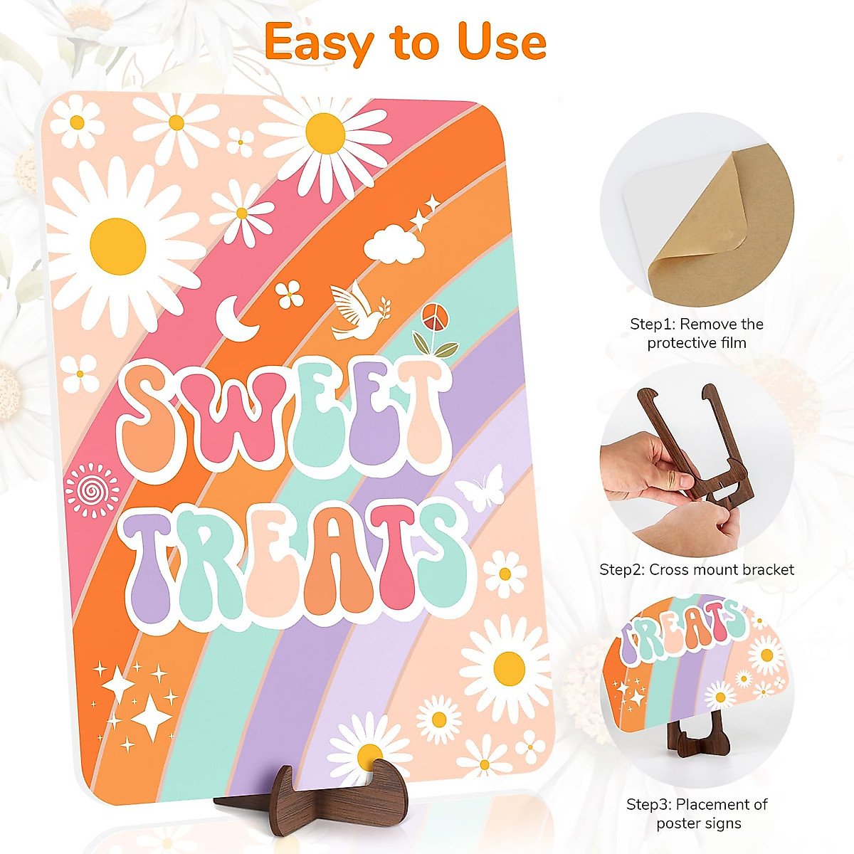 WenmthG Hippie Birthday Party Decorations Acrylic Sweet Treats Sign- 8.3x 11.7 Inch Groovy Table Sign with Stand Daisy Retro Hippie Groovy Party Centerpiece for Birthday Party Event Gift Table Decor