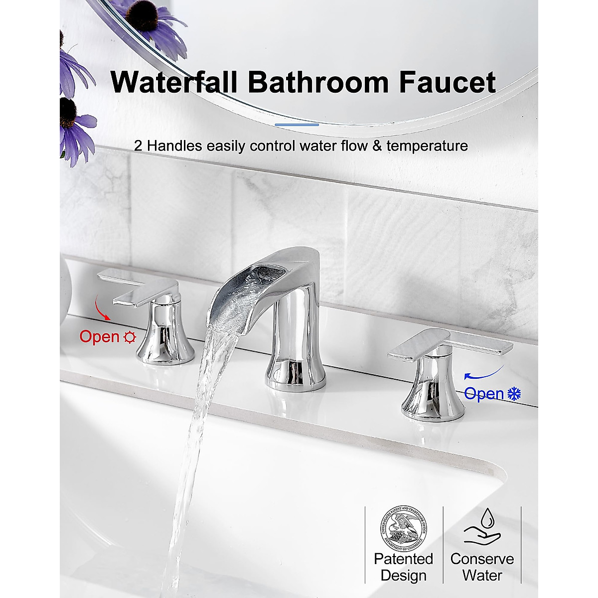 HOIGY Chrome Bathroom Faucet, 2 Handles Brass Widespread Waterfall Faucet for Bathroom Sink, 4-10 Inch Sink Faucet Bathroom 3 Hole, Farmhouse RV Restroom Vanity Faucet with Pop Up Drain & Water Hoses