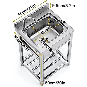 Free Standing Utility Sink, single Bowl Kitchen Sink Outdoor Sink Station, with Hot and Cold Faucet Drain Basket, Shelf, Towel Bar, for Garage, Laundry Room, Outdoor (21 Inch)