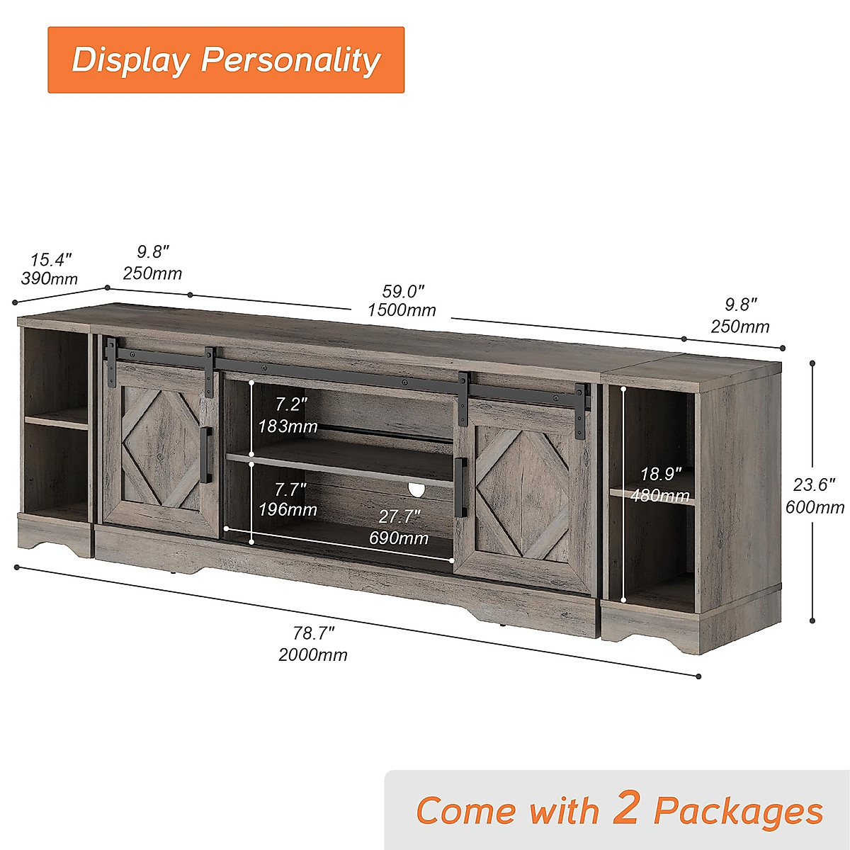 WAMPAT Modern Farmhouse 3 in 1 TV Stand for up to 85" TVs Wood Entertainment Center with Open Storage for Living Room,Washed Grey