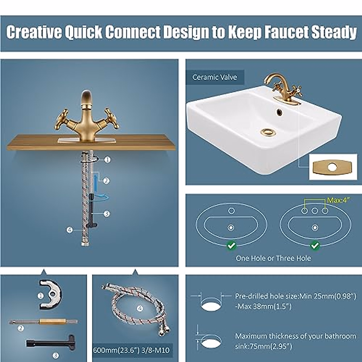Aolemi Bathroom Sink Faucet Antique Brass Single Hole Cold and Hot Double Handle Cross Knobs Vanity Vessel Sink Basin Mixer Tap with Pop Up Drain with Overflow and Deck Cover Plate