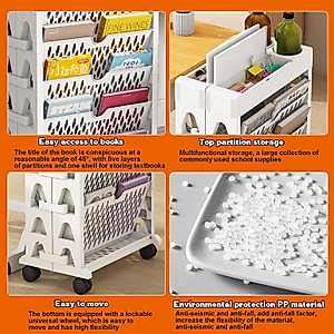 6 Tier Removable Movable Bookshelf, Mobile Unique Bookcase with Top partition Storage, Utility Organizer Green Bookshelves with Wheels for Students Study in Bedroom Living Room Home School,Green,70cm