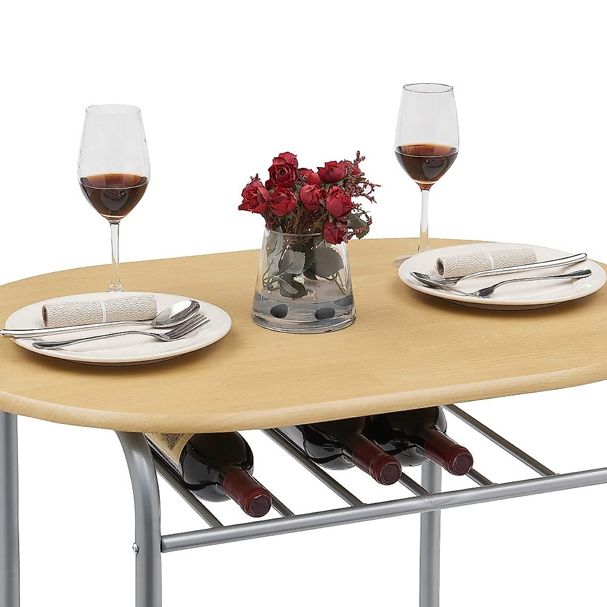 VECELO 3 Piece Wood Round Table & Chair Set for Dining Room Kitchen Bar Breakfast, with Wine Storage Rack, Space Saving, Natural