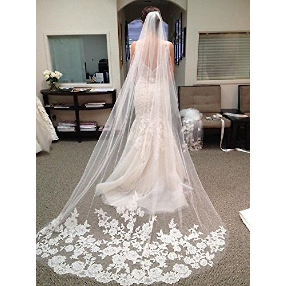 MisShow,White Lace Edge Cathedral Length Wedding Bridal Veil with Comb