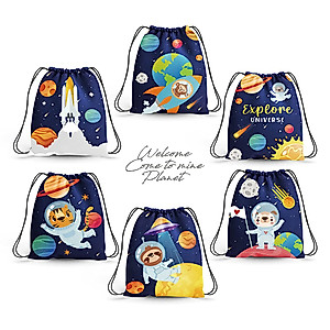 PADELO 12 Pack Space Party Favor Bags Party Supplies Goodies Drawstring Bags for Kid's Birthday as Loot and Goodies bags for Boys Girls Gifts Candy and Snacks School Travel Toy Storage Bag