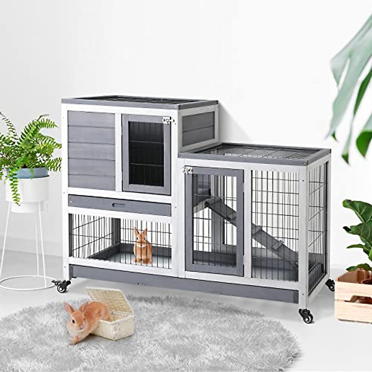 BESTDOOR 43.3'' Rabbit Hutch, Wood Indoor Rabbit Cage On Brake Wheel, Outdoor Large Rolling Bunny Hutch w/Run, Small Animal Guinea Pig Hamster Hedgehog House w/2 Deeper No Leak Tray (Grey White)
