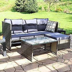 Sunnydaze Longford Outdoor Patio Sectional Sofa Set - Backyard Resin Rattan Chaise Lounge Furniture with Coffee Table and Thick Cushions - Conversation Set - Charcoal Cushions