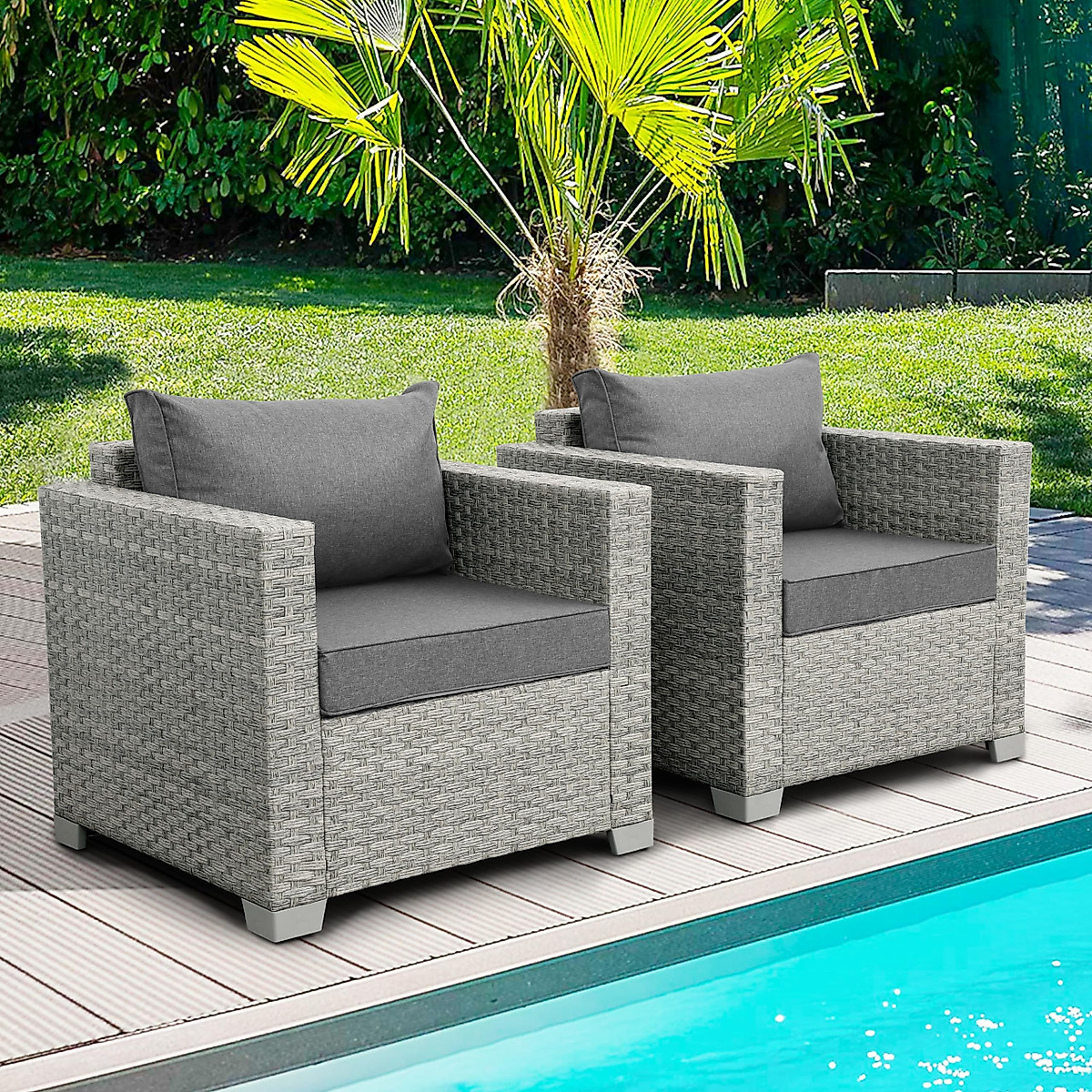 WAROOM Outdoor Sofa Wicker Patio Chairs Set of 2, Porch Single Chair Grey Rattan Deep Seating Armchair Balcony Furniture with Grey Cushion
