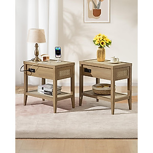 SICOTAS Rattan Nightstands Set of 2 - Boho Night Stand with Type-C Charging Station & Rattan Drawer - Bed Side Table End Table for Bedroom Living Room - Natural Oak