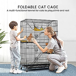 VIVOHOME 4-Tier 49 Inch Collapsible Metal Cat Kitten Ferret Cage 360° Rotating Casters Enclosure Pet Playpen with Ramp Ladders Hammock and Bed Black