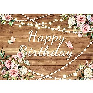 LYCGS 7X5FT Pink Flower Wood Backdrop Happy Birthday Girl Party Background Watercolor Flower Girl Photography Background Spring Flower backdrops Baby Shower Newborn Photography Props X-12