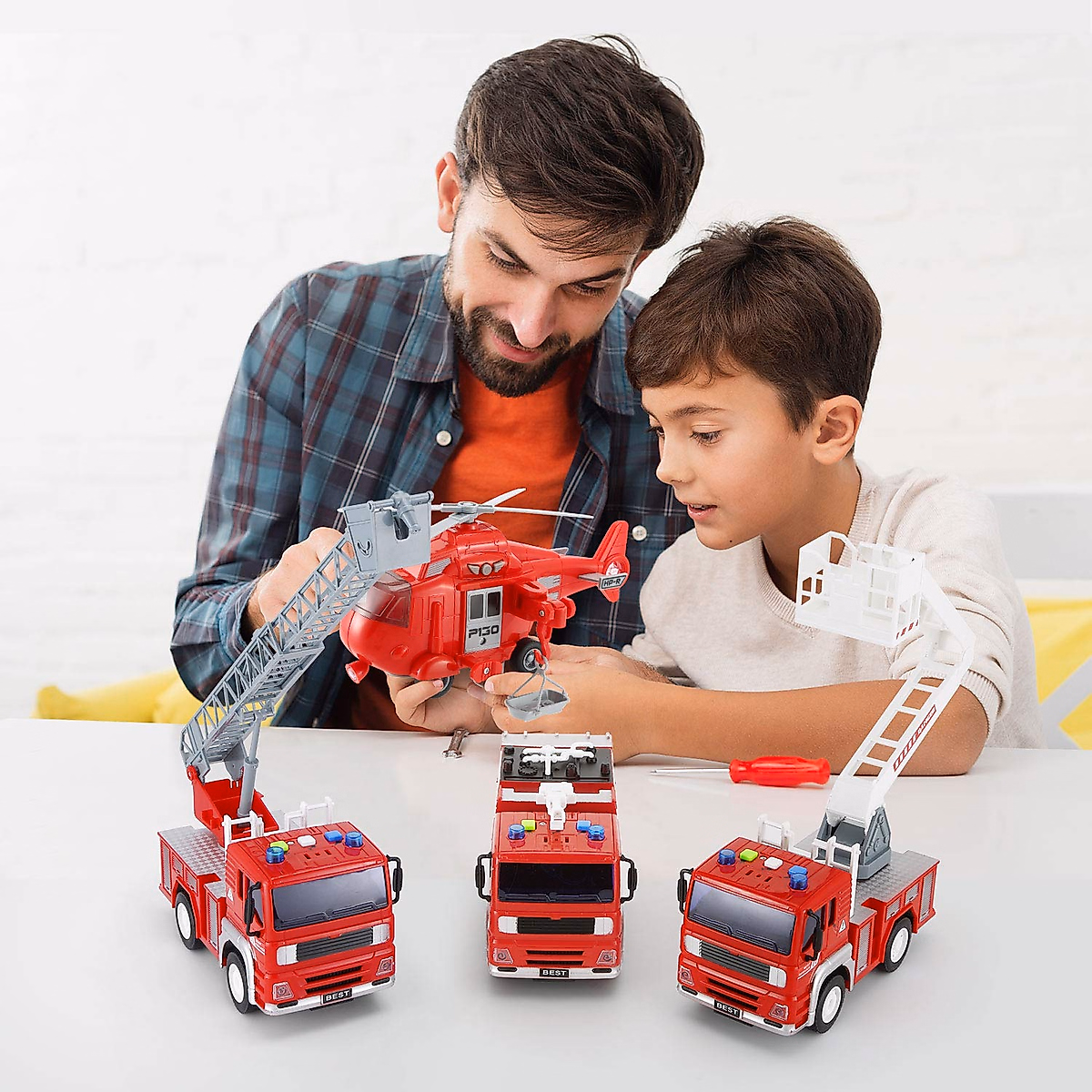 KeepRunning 4 Pack Friction Powered City Fire Rescue Vehicle Truck Car Set Including Helicopter, Boom Lift Truck,Ladder Fire Truck, and Fire Engine, with Light and Sounds/Sirens