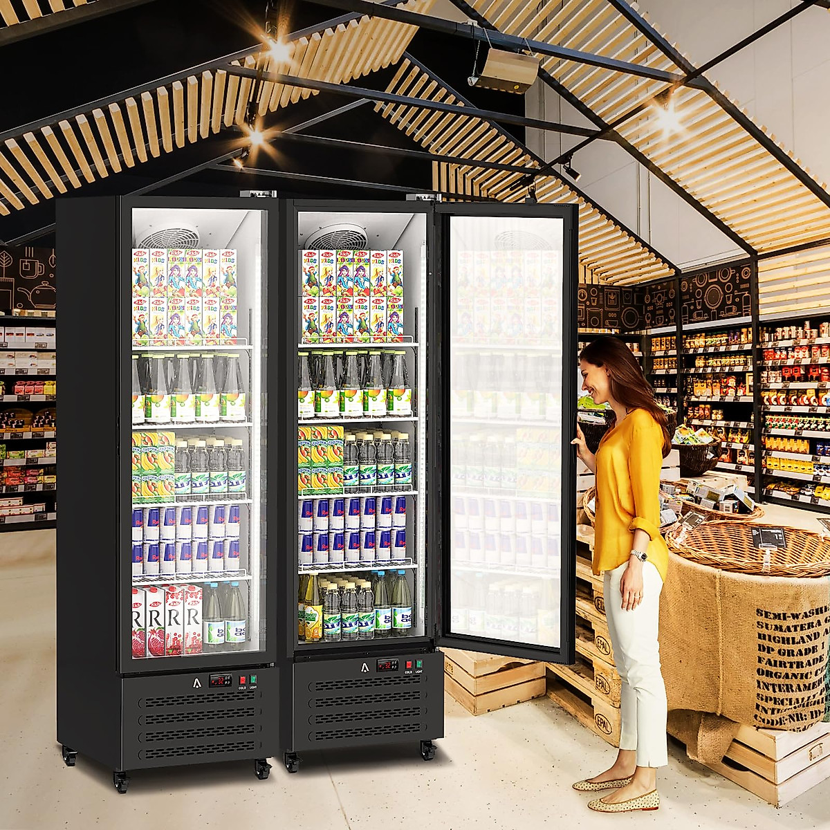 ACONEE Refrigerator Commercial Glass Door Display Upright Freezer, Black