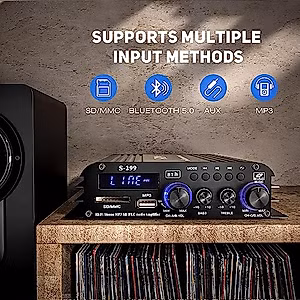 Facmogu S-299 4.1CH Bluetooth Power Amplifier with Active Subwoofer Output Max 800W RMS 40Wx4 Subwoofer Amplifier Hi-Fi Integrated Mini Speaker Amp Audio Sub Bass Amp Remote Control & 12V Power Supply