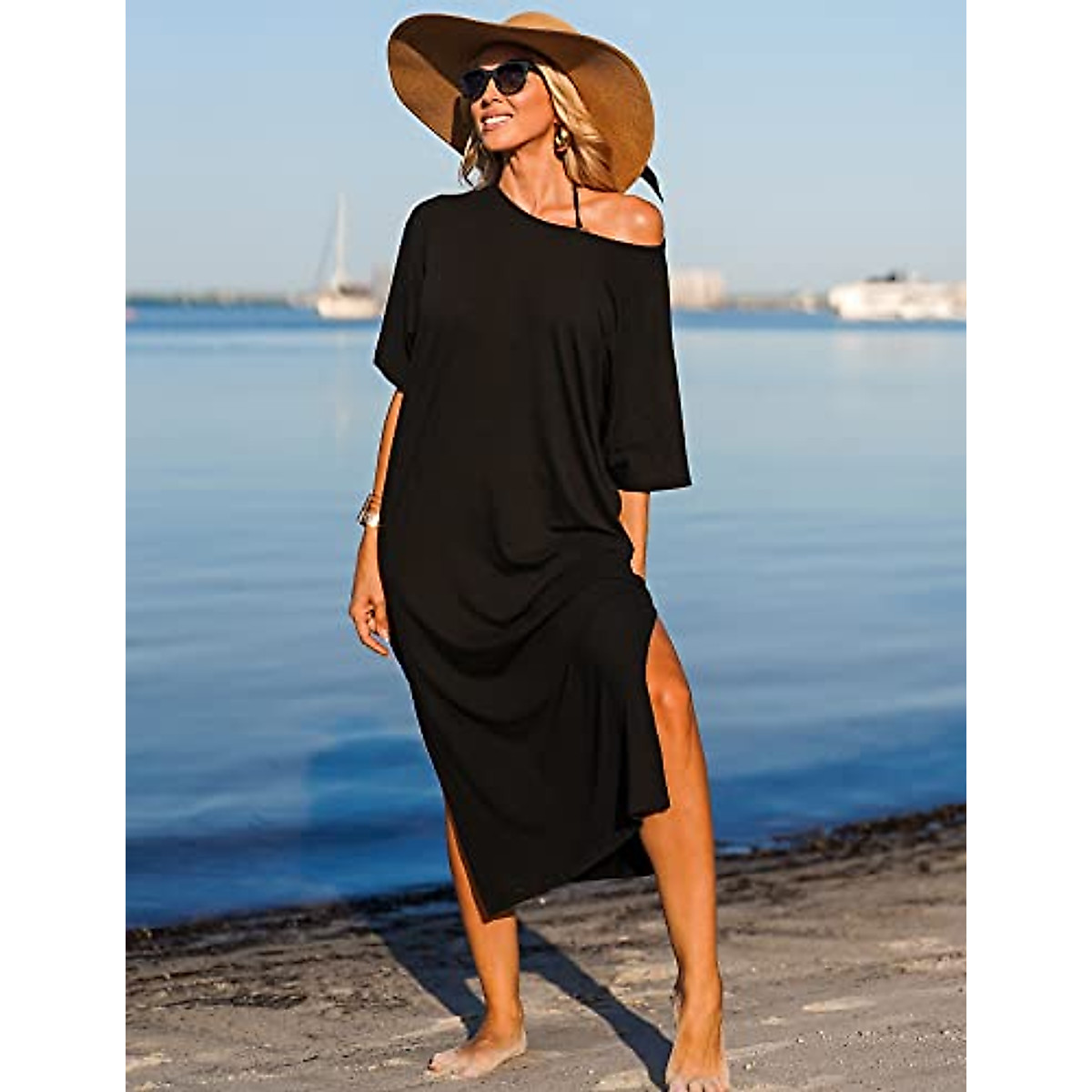 Ekouaer Womens, Loungewear, Nightgown Nightshirt, Plus Size Sleepwear, Oversized Pajama Dress, Long Sleep Dress with Pockets, A_black, 4X-Large