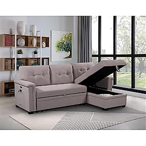 BOWERY HILL Light Gray Reversible Sleeper Sofa Storage Chaise USB Charging Port