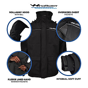WindRider Pro Foul Weather Gear - Rain Suit - Jacket + Bibs - Breathable, Numerous Pockets, Mesh Lined for Comfort - For Fishing, Sailing, Outdoor Adventuring (Black, Small)