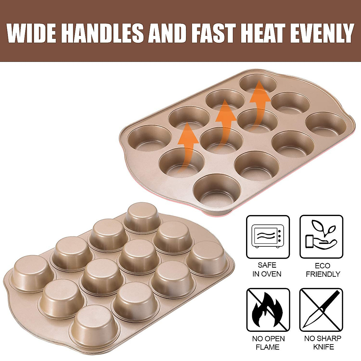 Joho Baking Nonstick Muffin Pan, Mini Cupcake Pan Set, Muffin Tins for Baking, 2 Pack, 12-Cup and 24-Cup, Gold