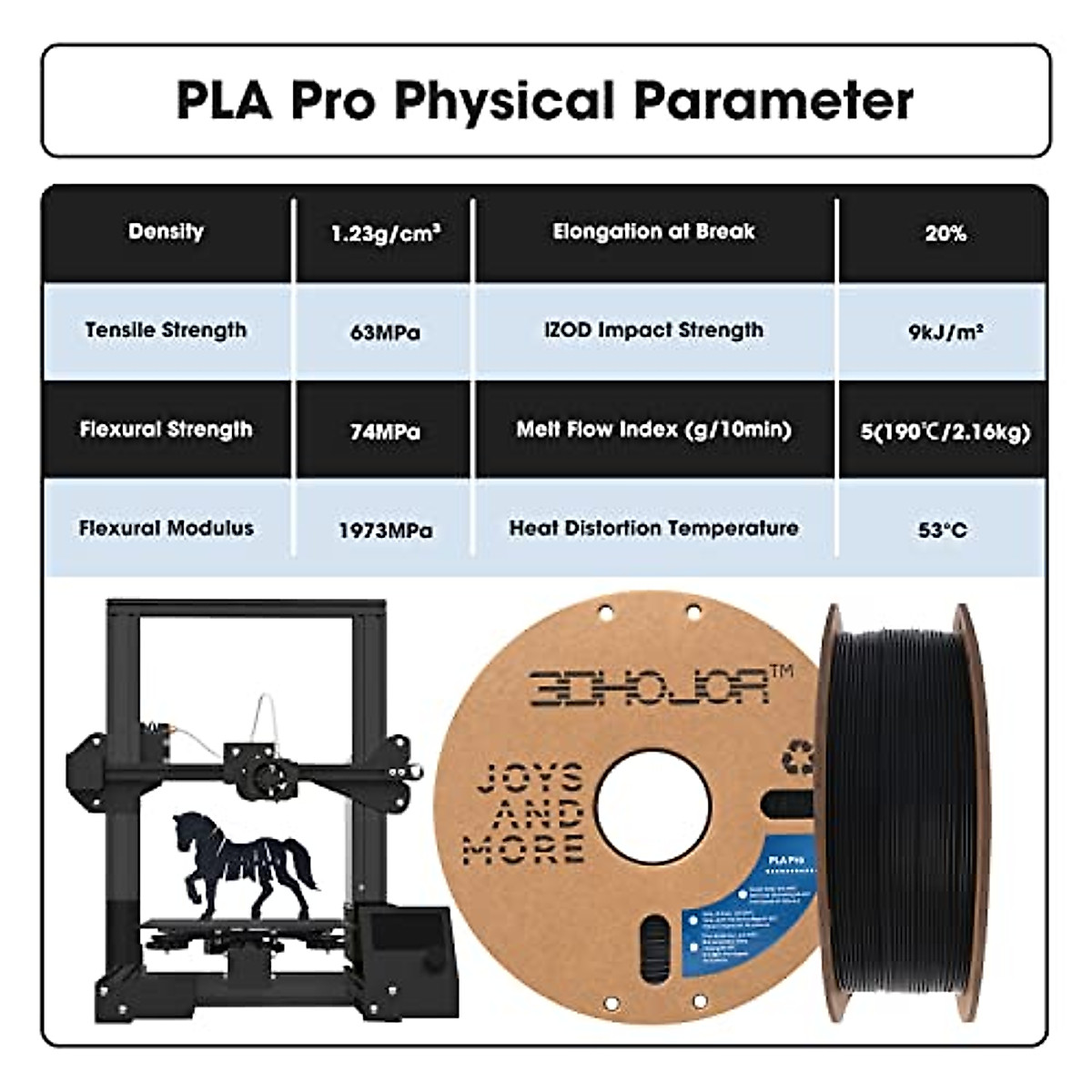 3DHoJor PLA Pro Filament 1.75mm (PLA Plus Black Filament), 1kg 3D Printer PLA Filament, PLA + 3D Printing Filament, Cardboard Spool, Dimensional Accuracy +/- 0.03 mm, Fit Most FDM 3D Printer