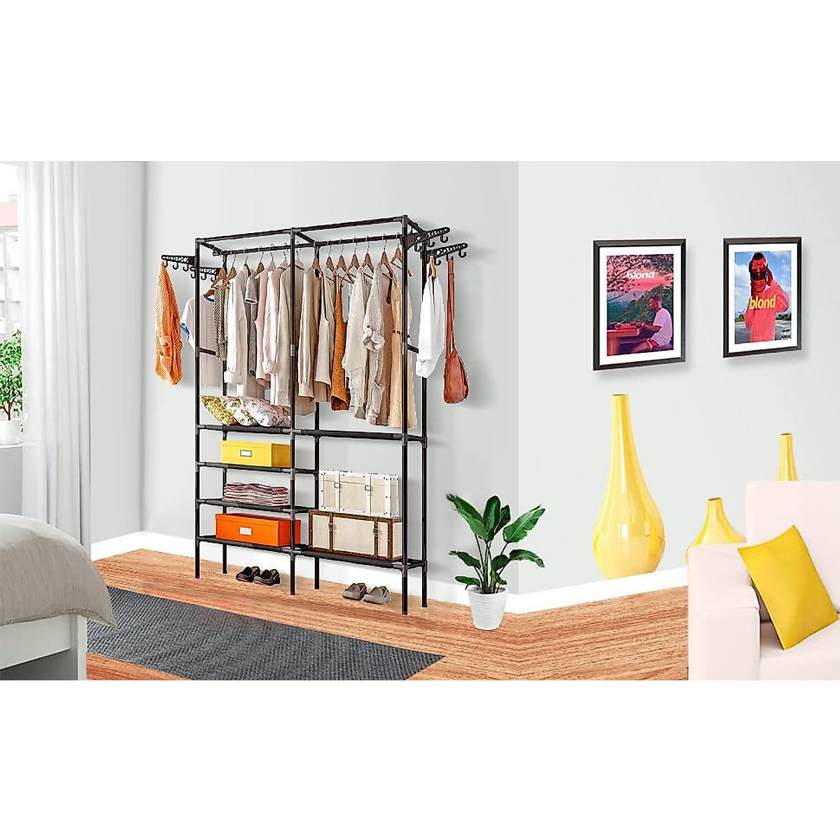 Sasoiky Garment Rack,Shoe Clothing Organizer Shelves,Freestanding Multifunctional Clothes Wardrobe- Closet with Hooks (black)