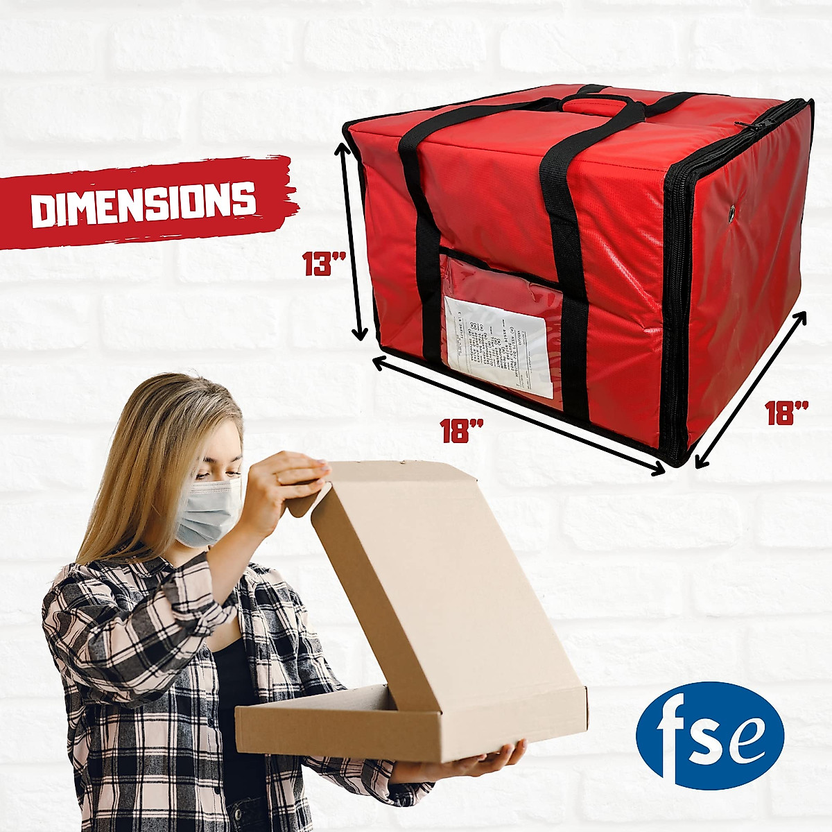 FSE Insulated Pizza Food Delivery Bag Carrier, 18 Inch x 18 Inch x 13 Inch (Zipper Closure)