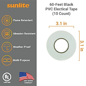 Sunlite 41325-SU 10-Pack PVC Electrical Tape, 60 Feet x 0.75 Inches, For Splicing, Protecting, and Insulating Wires, Abrasion Resistant, Flame Retardant, Weatherproof, UL Listed, White