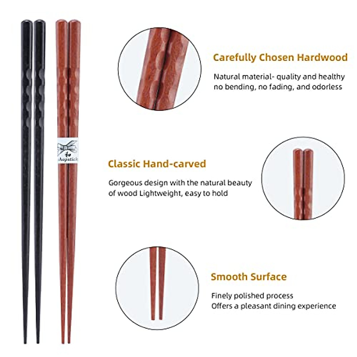 MFJUNS 5-Pairs Reusable Set of Chopsticks, Natural Wood Chopstick and Minimalism Japanese Chopsticks Non-slip Design 8.8 Inch/22.5cm Gift Set