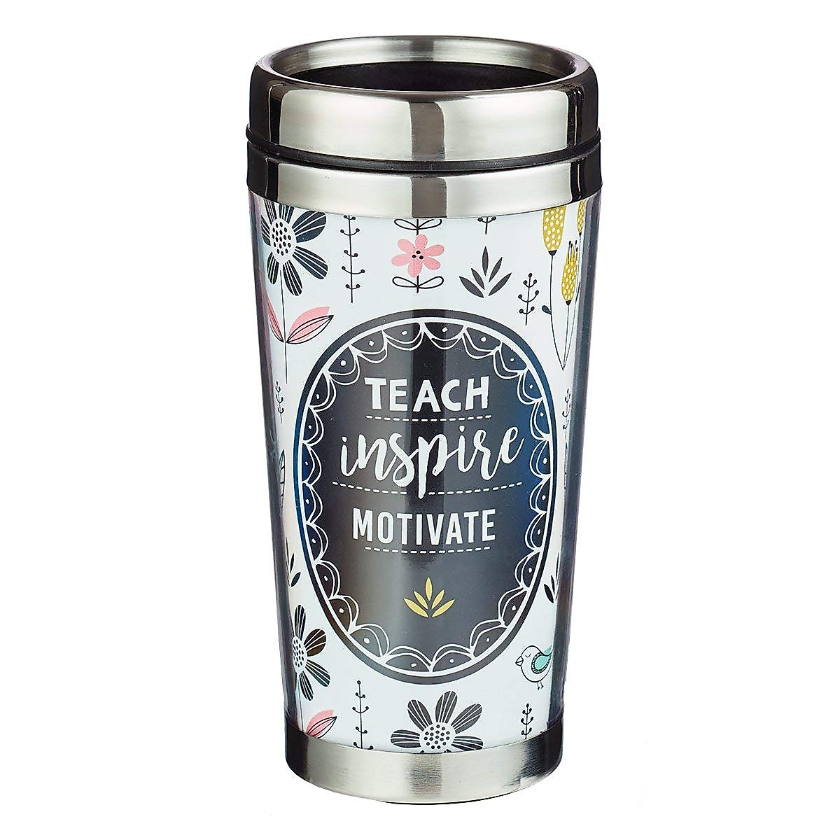 Christian Art Gifts Teach Inspire Motivate Black Travel Coffee Mug Thermal Tumbler with Design Wrap, Lid and Stainless Steel Interior (16oz Vacuum Insulated Break Resistant Polymer Exterior)