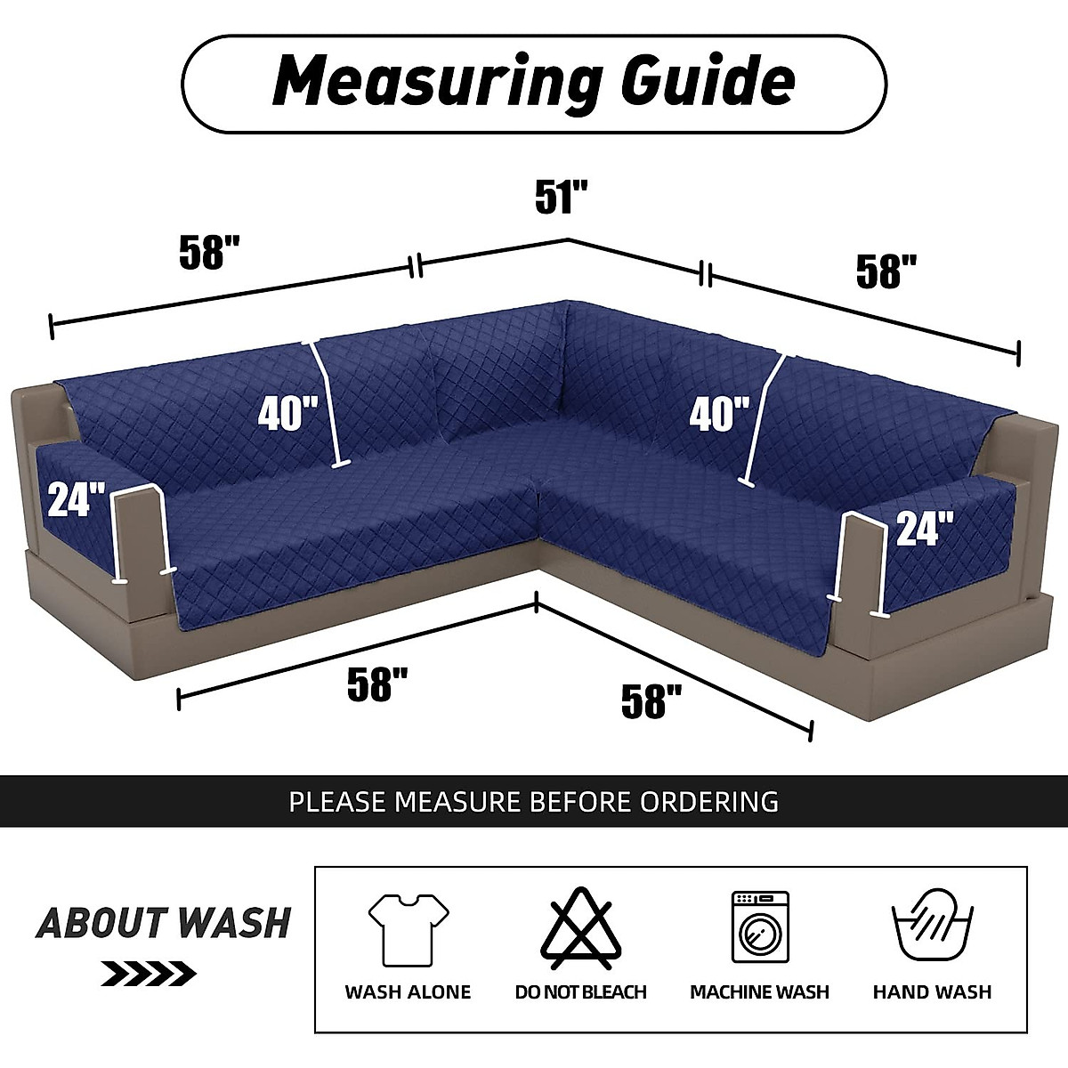 Arfntevss Corner Sectional Couch Covers 3-Piece Water Repellent L Shape Sofa Cover Set Quilted Anti Slip U-Shaped Sofa Slipcovers Living Room Furniture Protector for Pet Dog Cat (Navy Blue, Large)