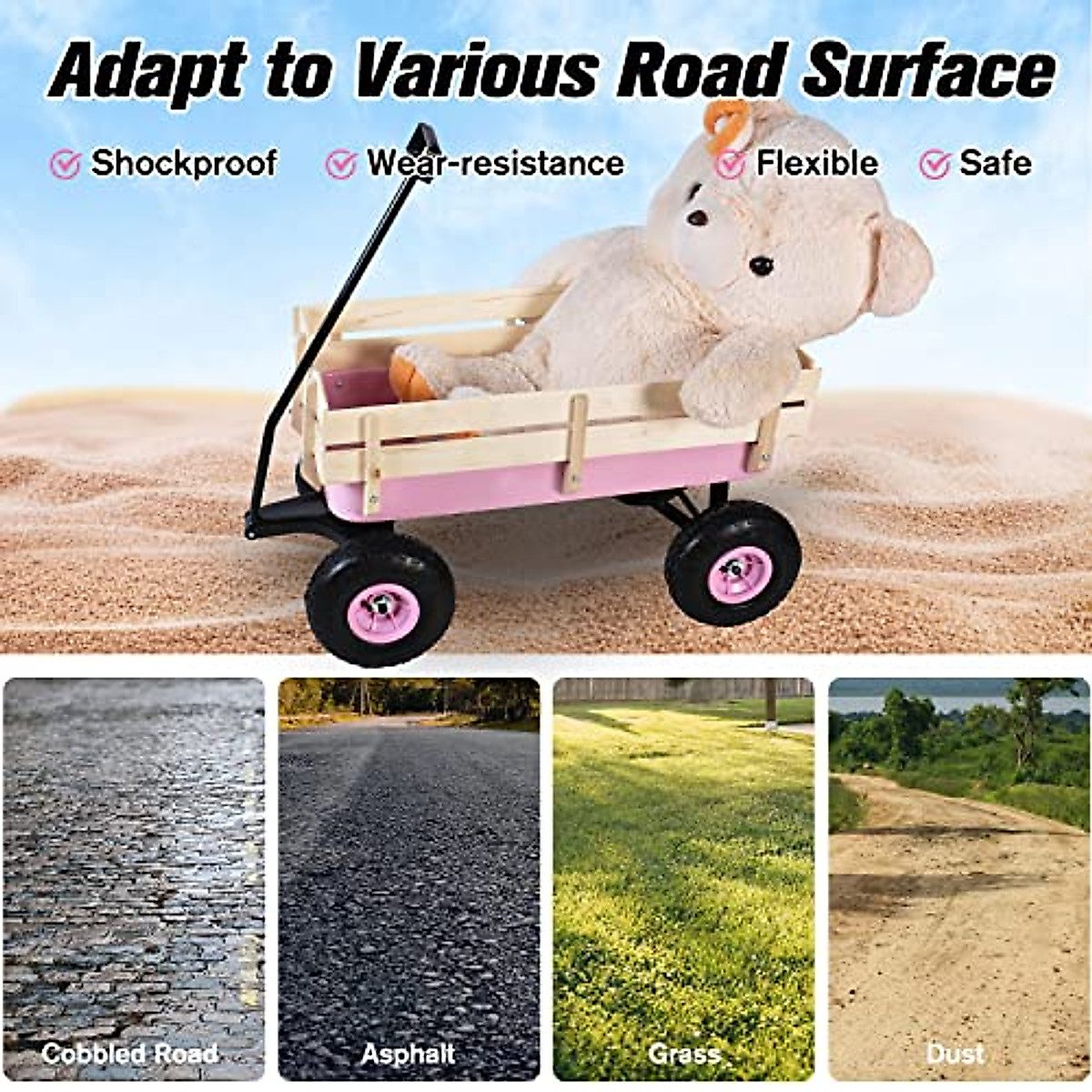 All Terrain Wagons for Kids Wagon with Removable Wooden Side Panels Garden Wagon Cart Heavy Duty with Steel Wagon Bed Folding Wagons for Kids/Pets Ideal Gift for Kids for Halloween Christmas, Pink