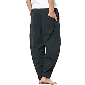 PACEIADTA Men's Cotton Linen Drawstring Pants Elastic Waist Casual Summer Beach Pants (XX-Large, Black)