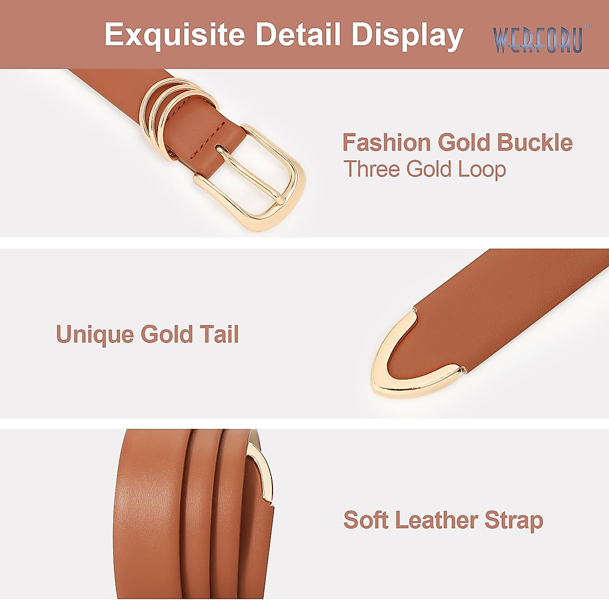 WERFORU 2 Pack Women Leather Belt for Jeans Pants, Ladies Leather Belt with Gold Buckle