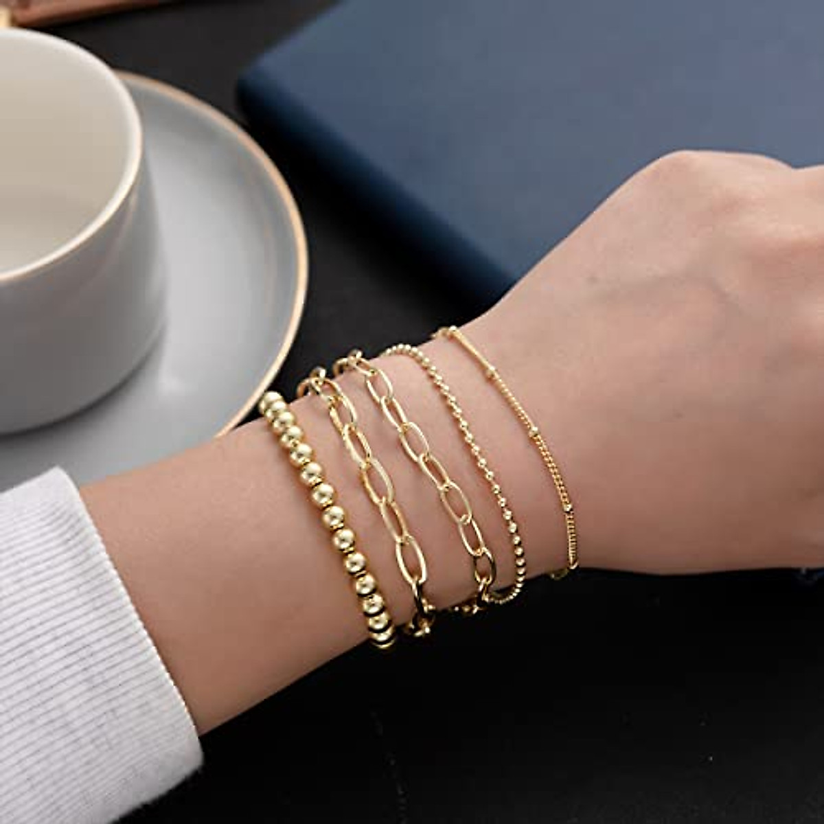 KesaPlan Gold Bracelets Set for Women Adjustable 14K Gold Plated Dainty Beaded Paperclip Link Bracelet Set for Teen Girls