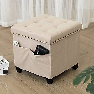 Brakki Storage Ottoman Cube Square Ottoman Foot Rest Cube with Side Pocket,15.7 Inches Storage Bench for Bedroom Living Room Linen Fabric with Wooden Legs Folding Beige Ottoman