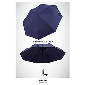 Balios (Designed in UK) Travel Umbrella Luxurious Golden Rosewood Handle Auto Open & Close Windproof Frame Single Canopy Automatic Folding Umbrella Men's & Ladies (Dark Navy)