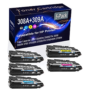 5-Pack (2BK+C+Y+M) Compatible 3700DTN 3500DN 3500DTN 3550N 3700DN Laser Toner Cartridge (High Capacity) Replacement for HP 308A 309A (Q2670A Q2671A Q2672A Q2673A) Printer Toner Cartridge