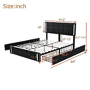 Livavege Queen Size Bed Frame with Square Headboard, LED Bed Frames with 4 Storage Drawers & USB Charging, Upholstered Platform Bed Queen with Wooden Slats Support, No Box Spring Needed