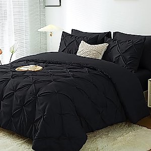 JOLLYVOGUE Black Bed in a Bag 7-Pieces, King Comforter Set for All Season, Pintuck Bedding Sets with 1 Comforter, 1 Flat Sheet, 1 Fitted Sheet, 2 Pillowcases & 2 PillowShams
