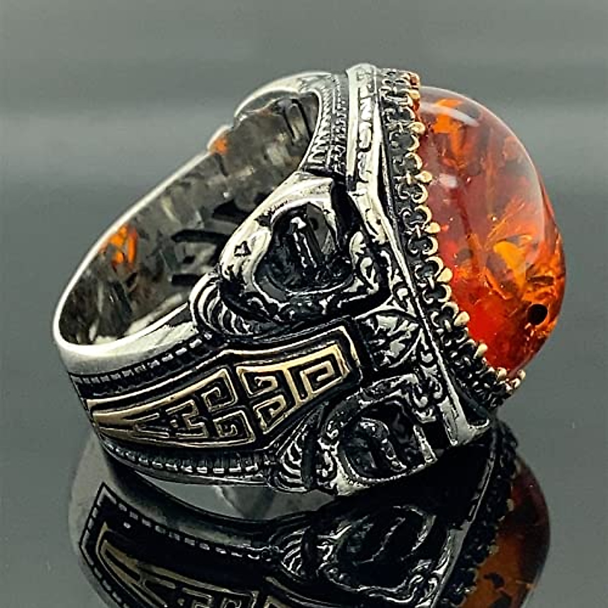 Mens Handmade Ring, Amber Stone Ring, Honey Amber Ottoman Mens Ring, Natural Stone, Men Ring, Gift for Him, 925k Sterling Silver Ring