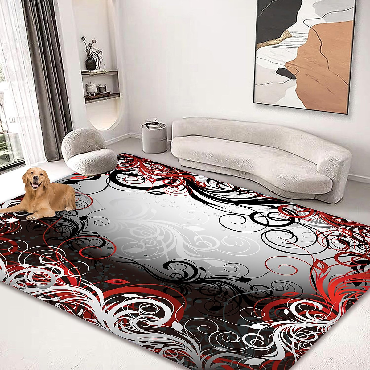 Area Rug 5'x4' Carpet for Bedroom Living Room Kids Nursery Room Home Decor Soft Rugs Mat Non Slip Black Red