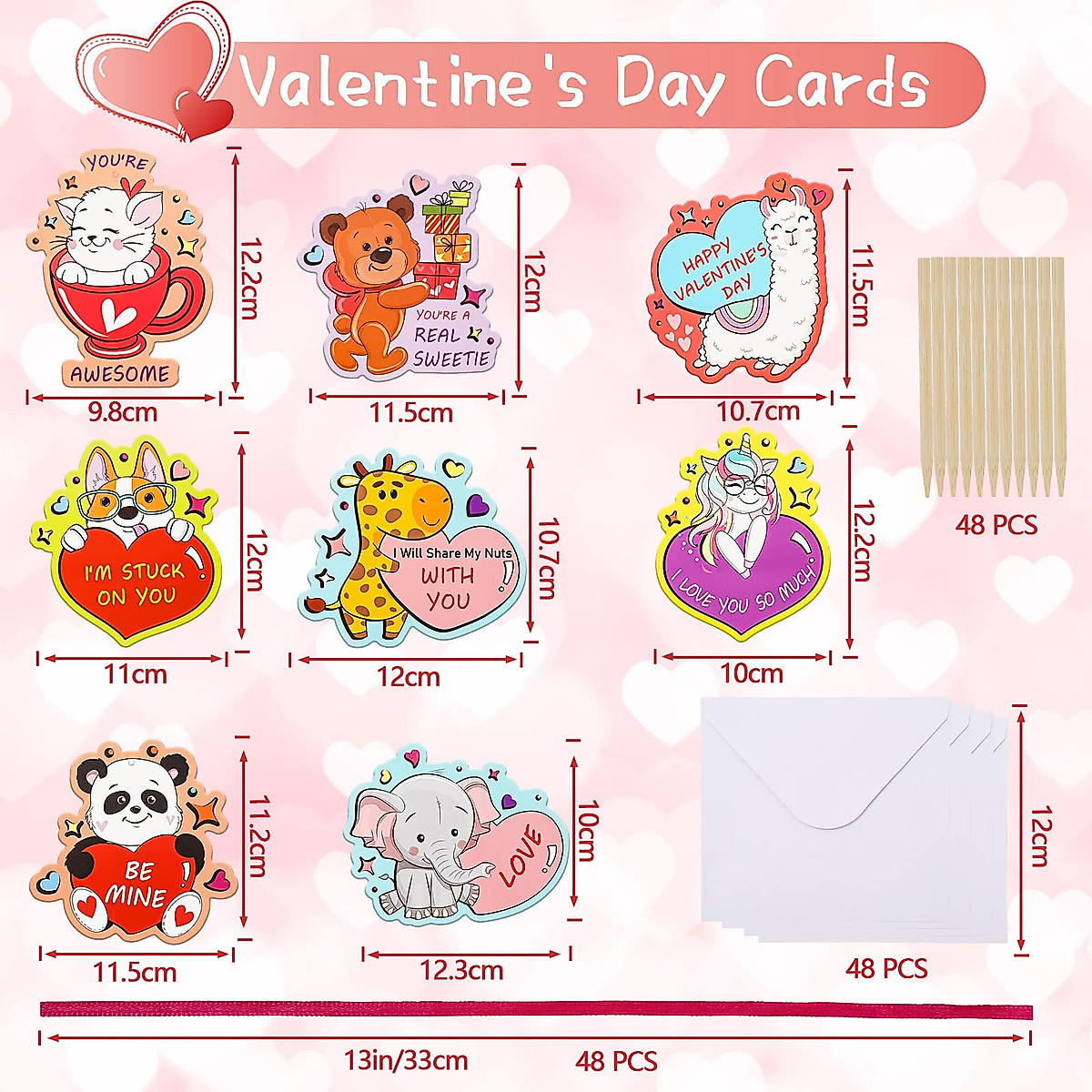 Whaline Valentine's Day Craft Scratch Paper Ornament Kit 48 Pack Cartoon Animal Art Rainbow Scratch Double-Sided Scratch Off Paper with Wooden Stylus Envelopes for Classroom Party Favor Decor