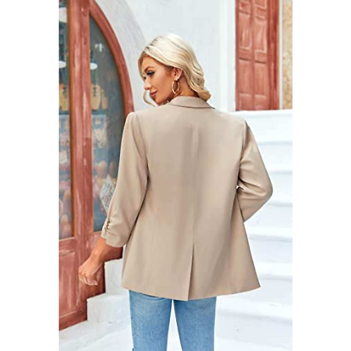 Womens Casual Blazers Open Front 3/4 Ruffle Sleeve Business Office Jacket Blazer Khaki Medium