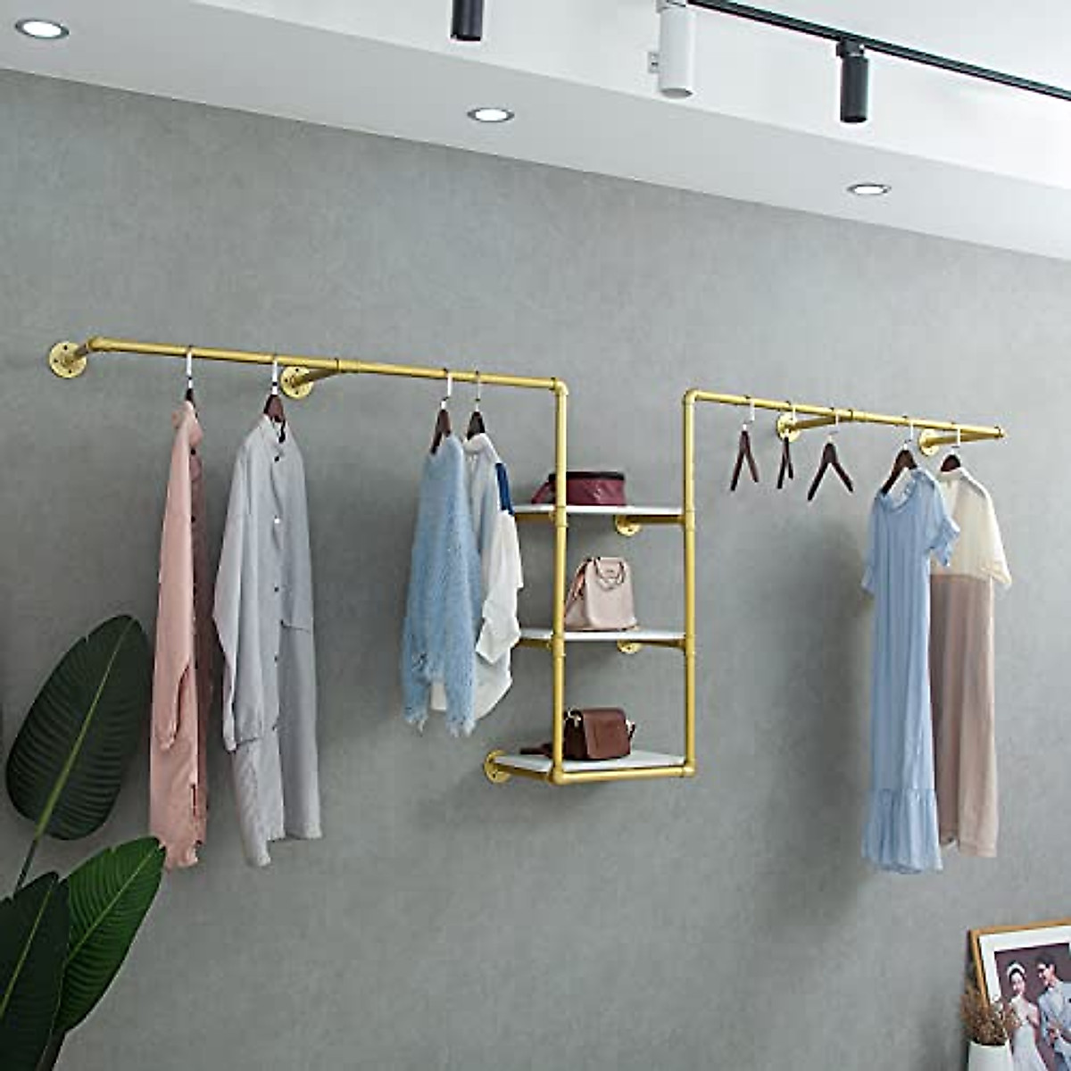 CIVANA Industrial Pipe Clothing Rack Wall Mounted Garment Hanging Bar Retail Display Rack with 3 Tiers Wood Vintage Multi-Purpose Clothes Storage Hanger(Glod, 110'' L)